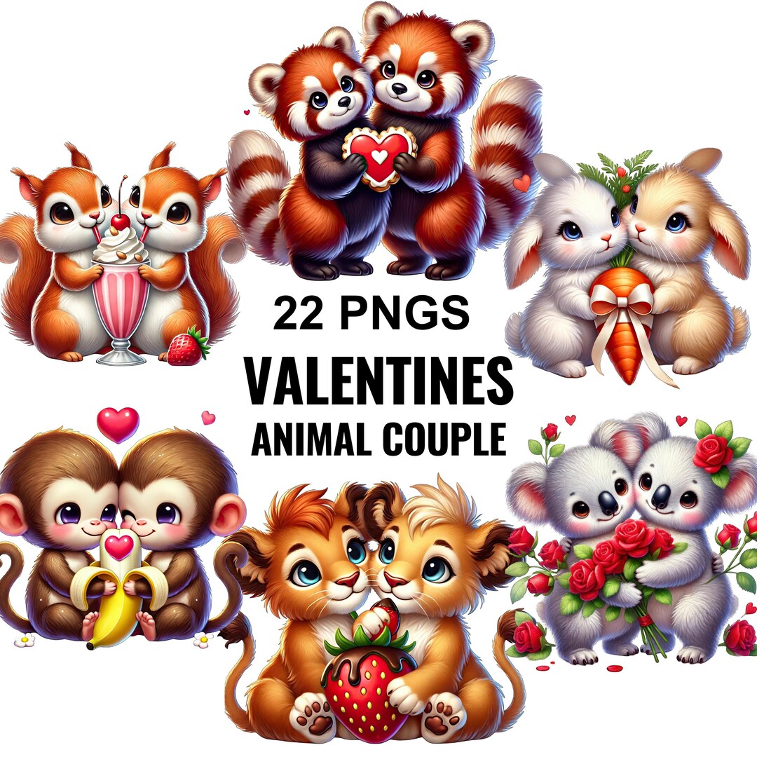 Valentine Animal Couple Clipart, Animal Love Clipart Bundle, Cute ...