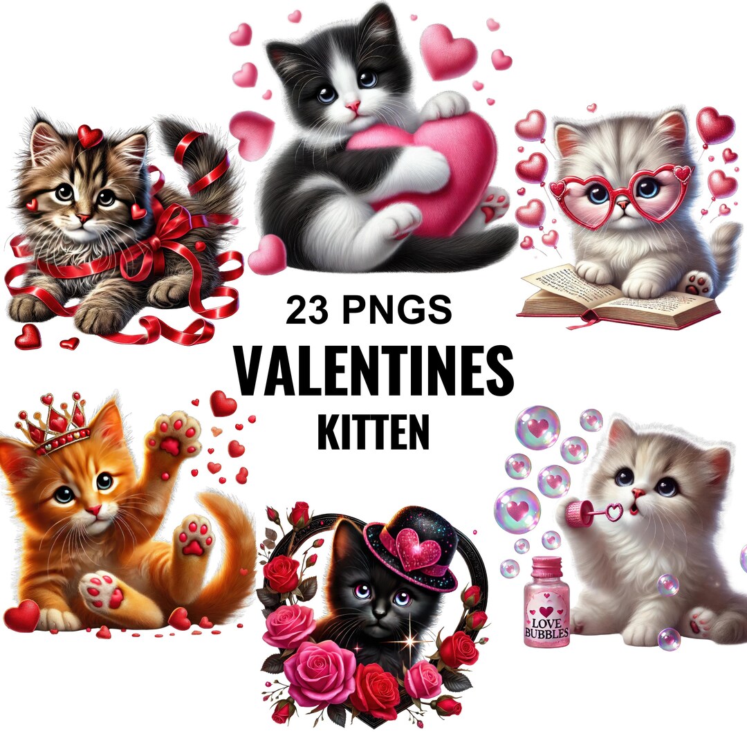 Cute Valentines Kitten Clipart, Kitten PNG, Valentine Png Bundle ...