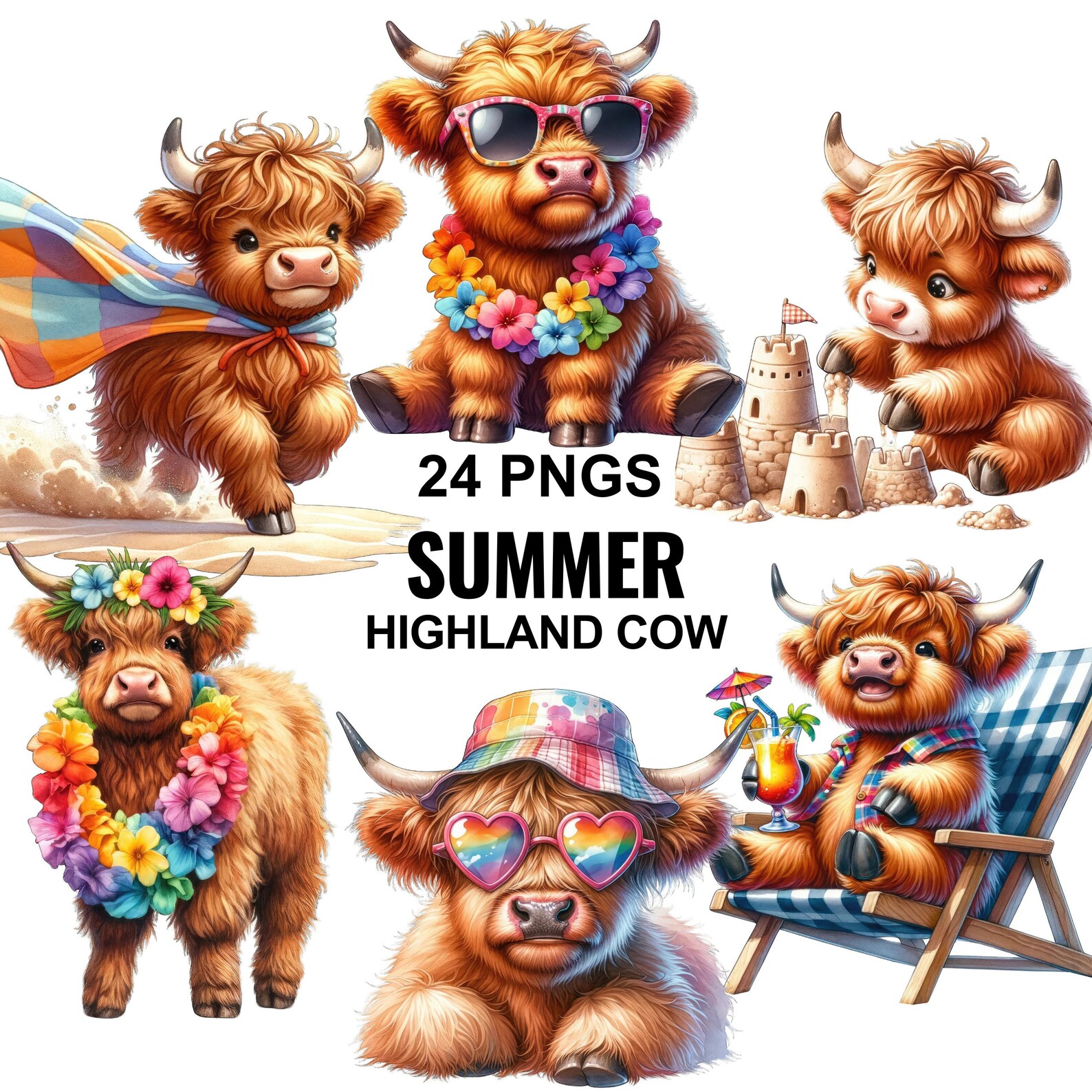 Watercolor Cow Clipart, Summer Cow Clipart, Watercolor Beach, Highland ...