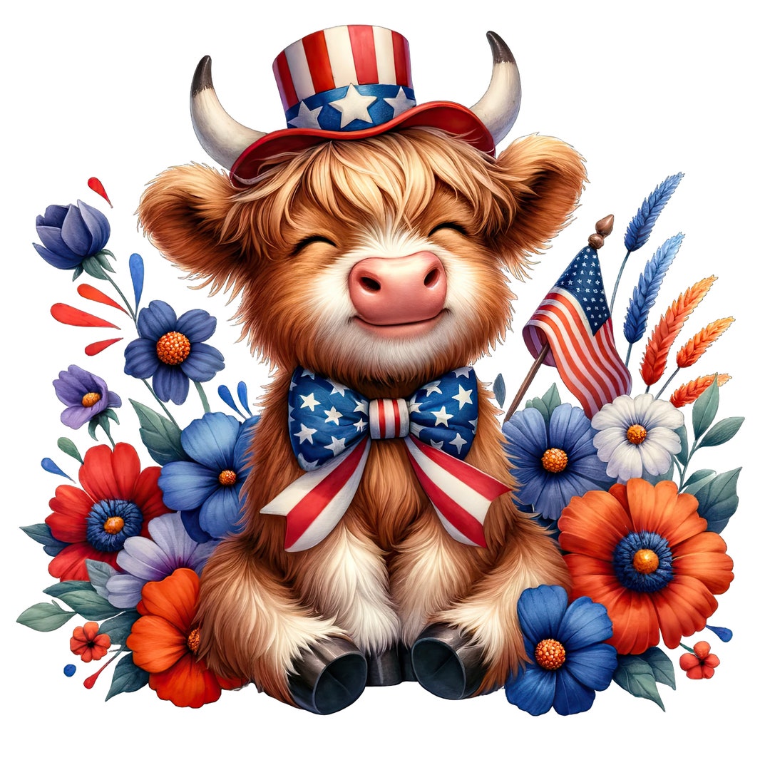 Watercolor Patriotic Highland Cows Clipart, Patriotic Cow Clipart, 4th ...