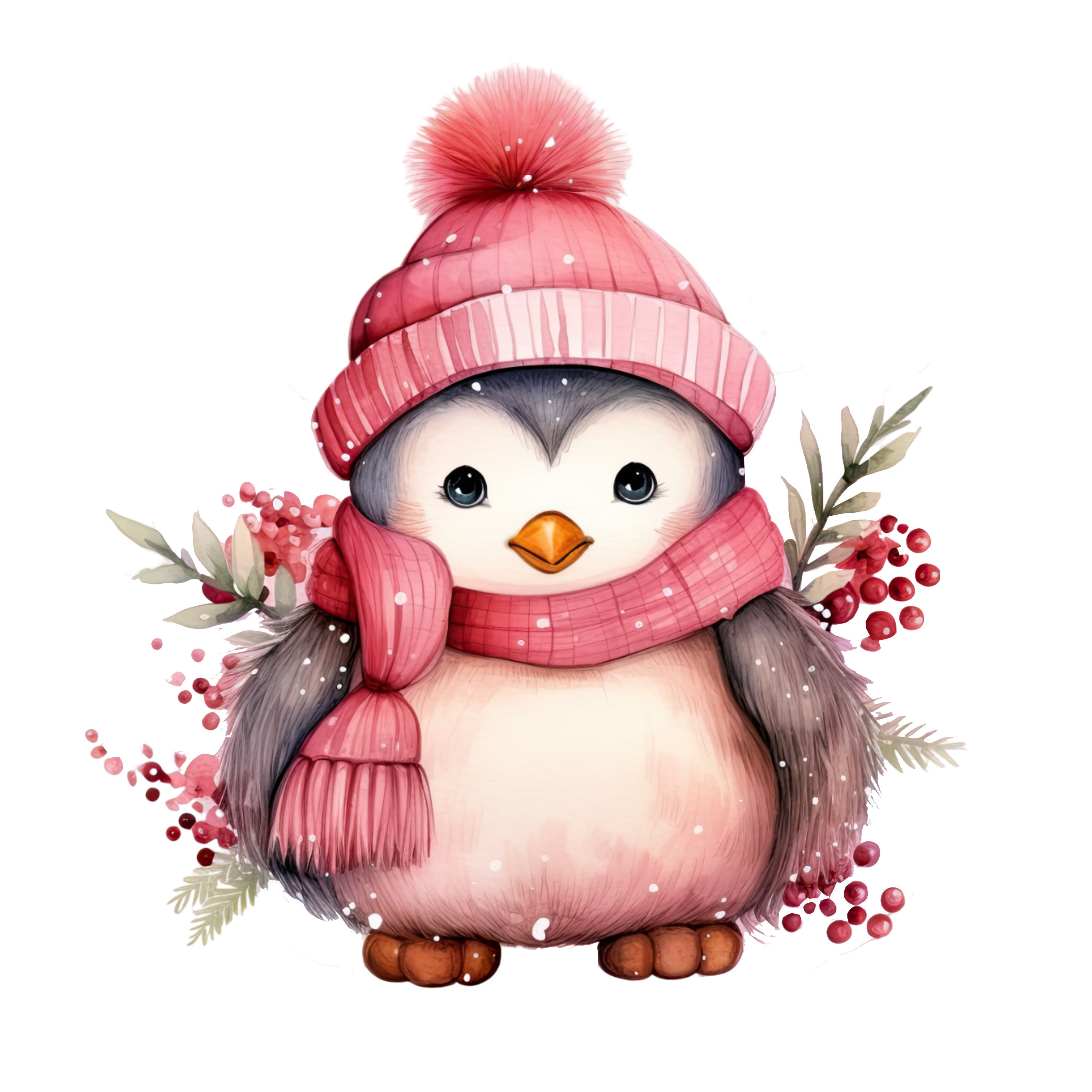 Watercolor Pink Christmas Penguin Clipart, Christmas Penguin Clipart ...