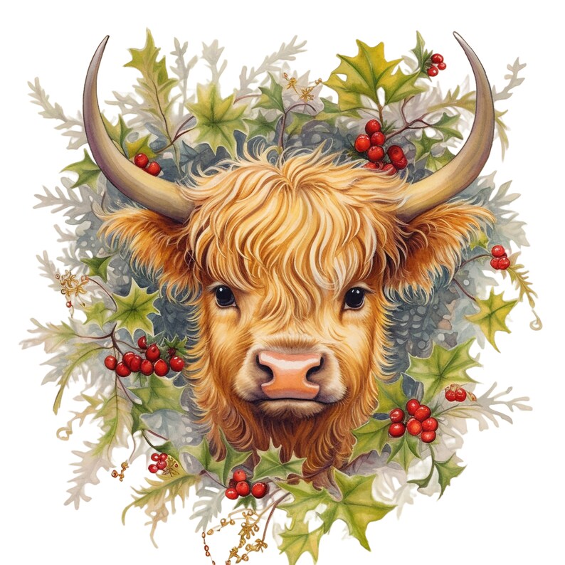 Watercolor Christmas Highland Cow PNG Clipart, Holiday Highland Cow ...