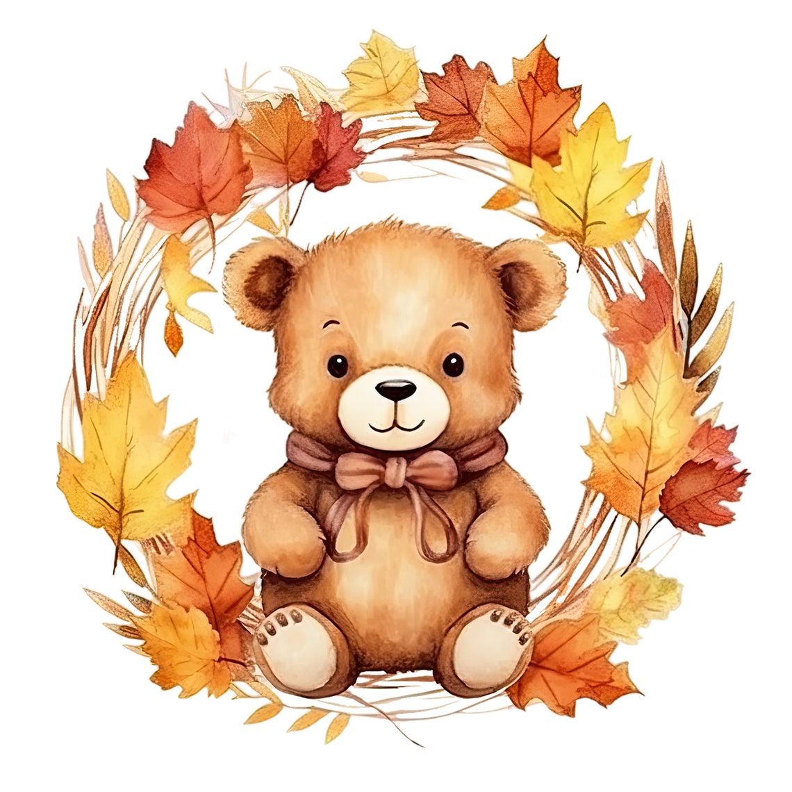 Watercolor Autumn Teddy Bear Clipart, Fall Scenery Clipart, Bear ...