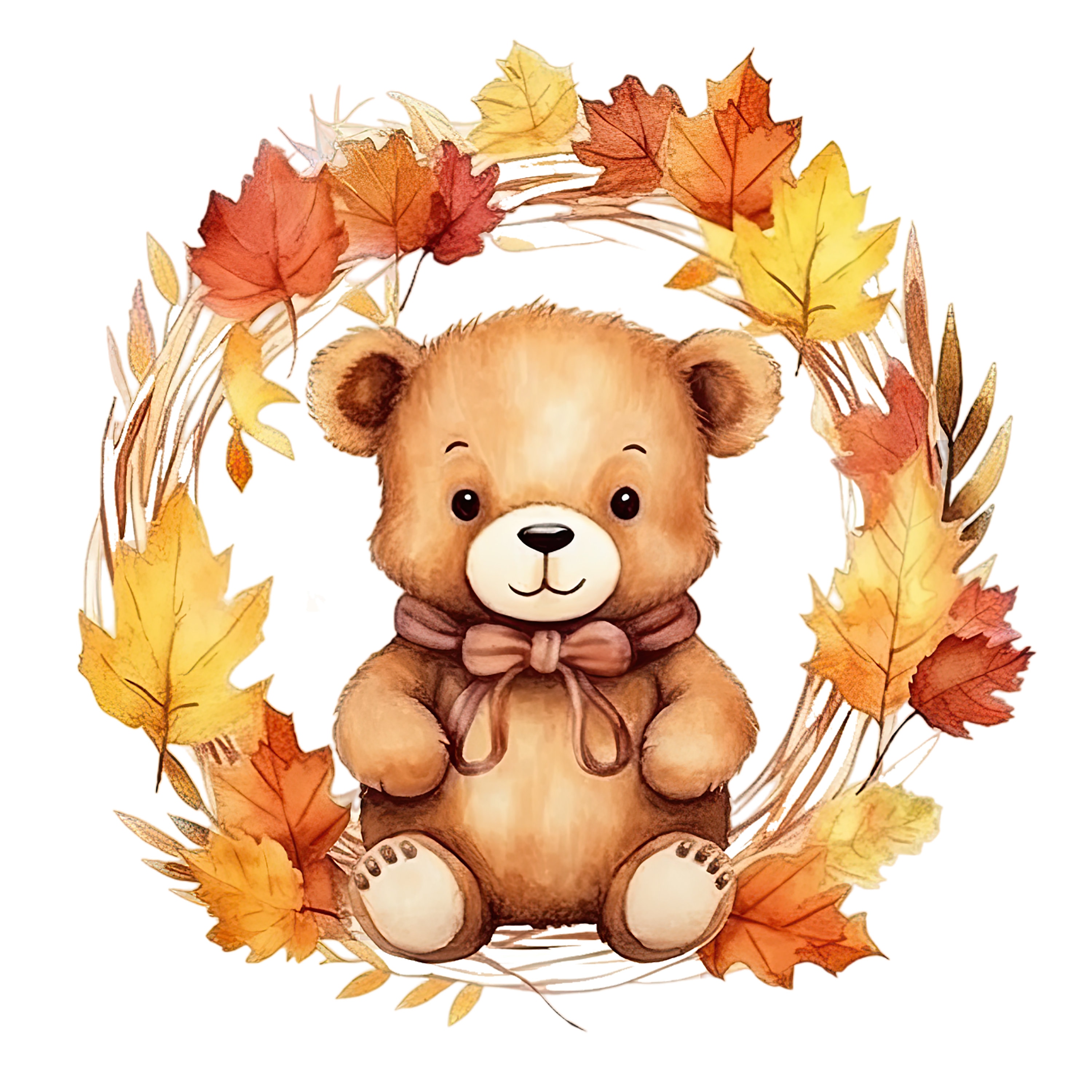 Watercolor Autumn Teddy Bear Clipart, Fall Scenery Clipart, Bear ...