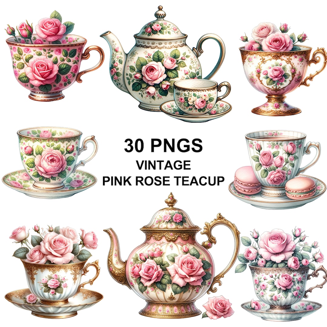 Vintage Pink Rose Teacup Clipart: Tea Party PNG Set (digital Download ...
