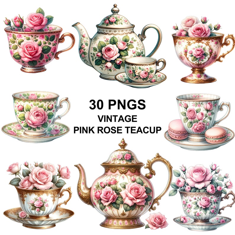Vintage Pink Rose Teacup, Vintage Tea Clip Art, Tea Time Clipart ...