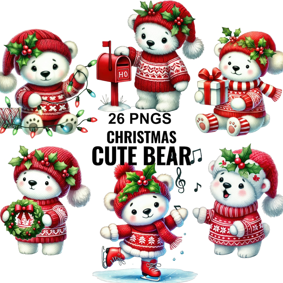 Christmas Polar Bear Clipart Bundle, Christmas Bear Png, Cute Bear Png ...