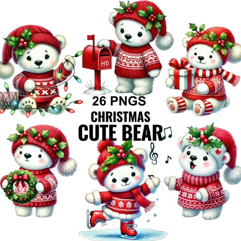 Christmas Polar Bear Clipart Bundle, Christmas Bear Png, Cute Bear Png ...
