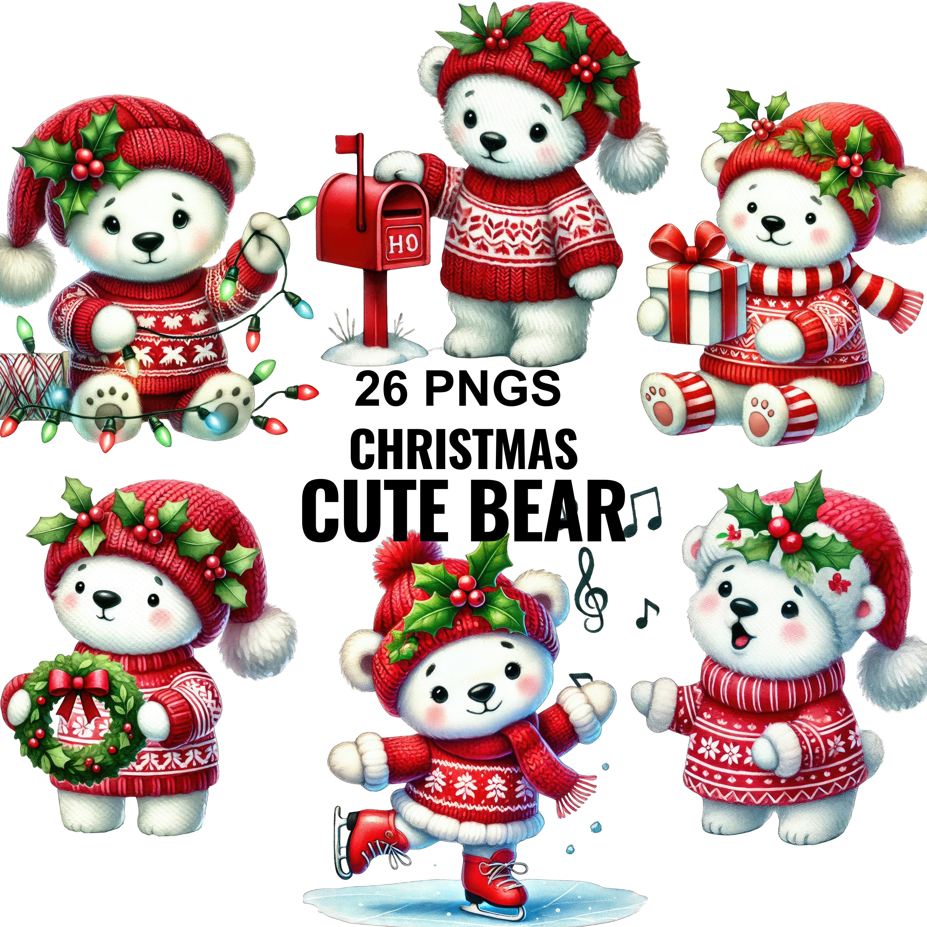 Christmas Polar Bear Clipart Bundle, Christmas Bear Png, Cute Bear Png ...
