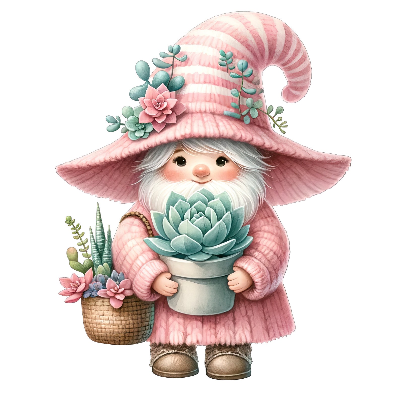 Watercolor Cactus Gnome Clipart, Flowering Cactus Gnome Clipart, Cactus ...