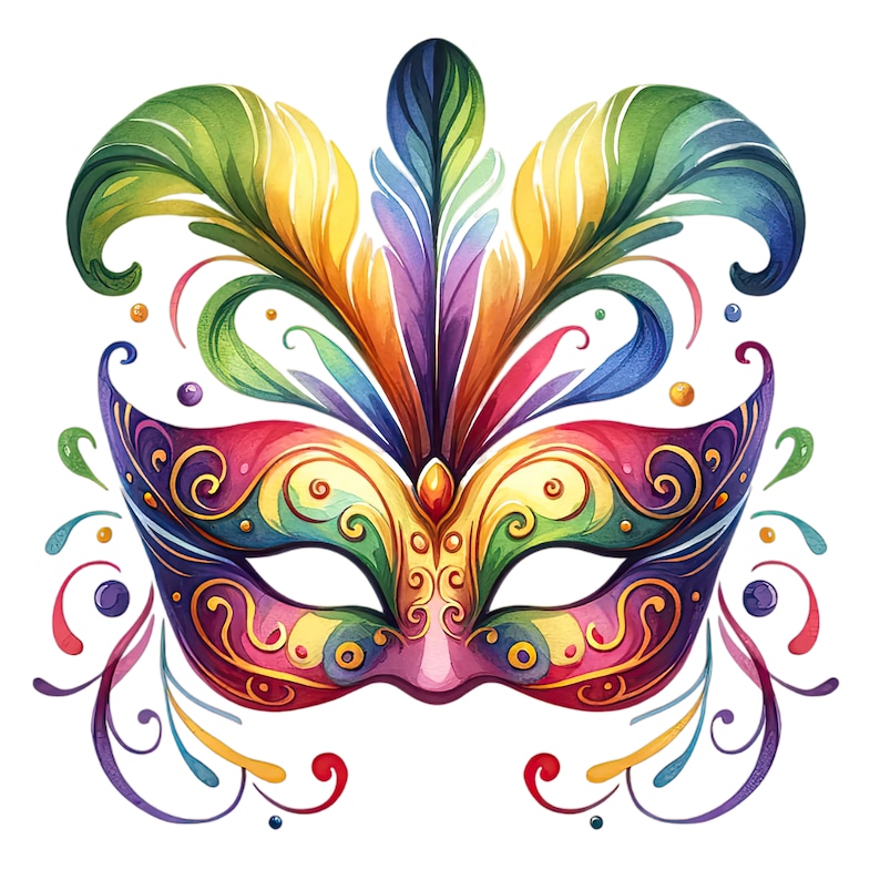 Watercolor Mardi Gras Mask Clipart: Carnival Feather Masks (digital ...