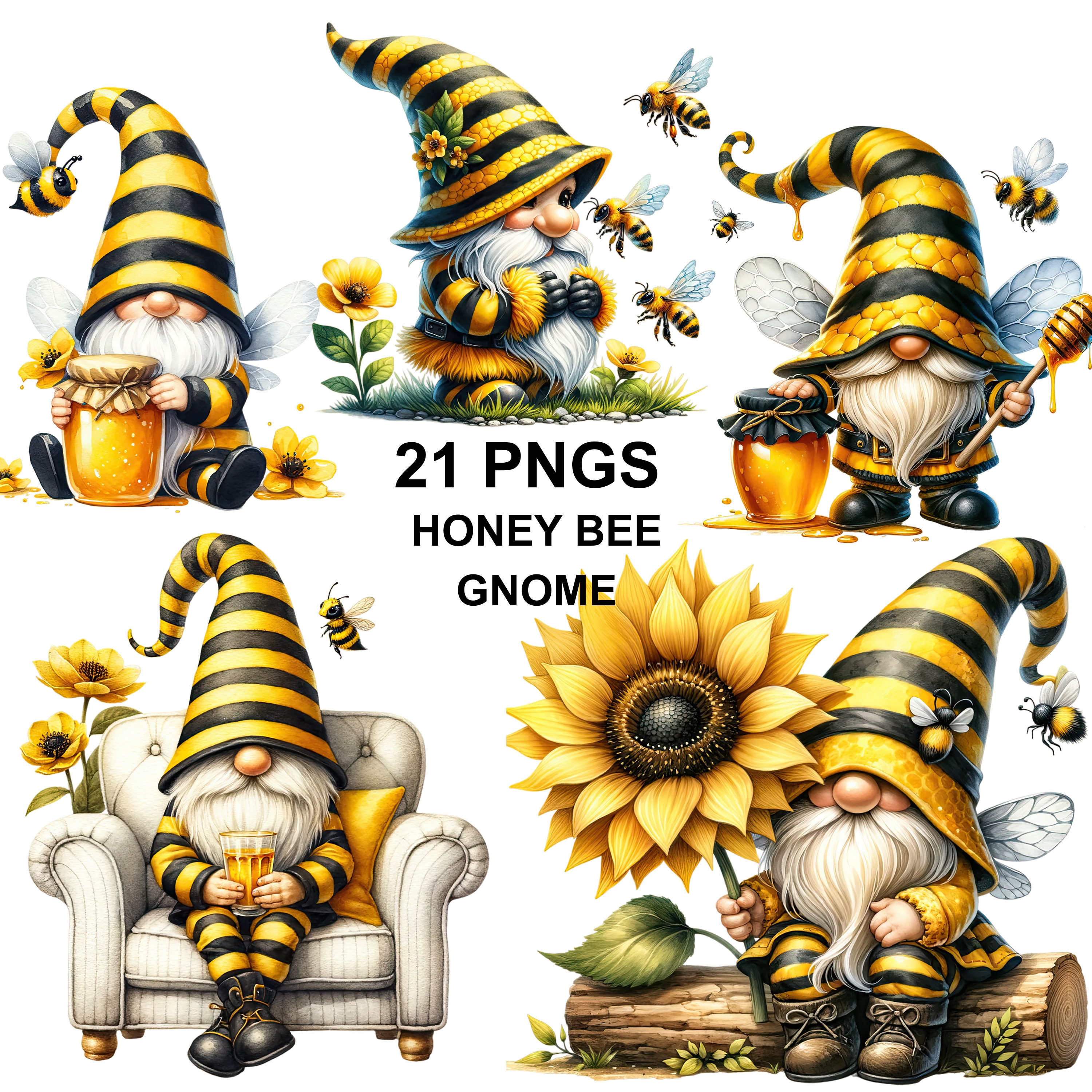 Watercolor Honey Bee Gnome Clipart, Honey Bee Gnome, Bumble Bee Png ...