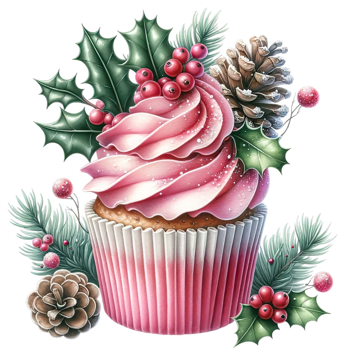 Watercolor Pink Christmas Cupcakes Clipart, Cupcake Sublimation ...