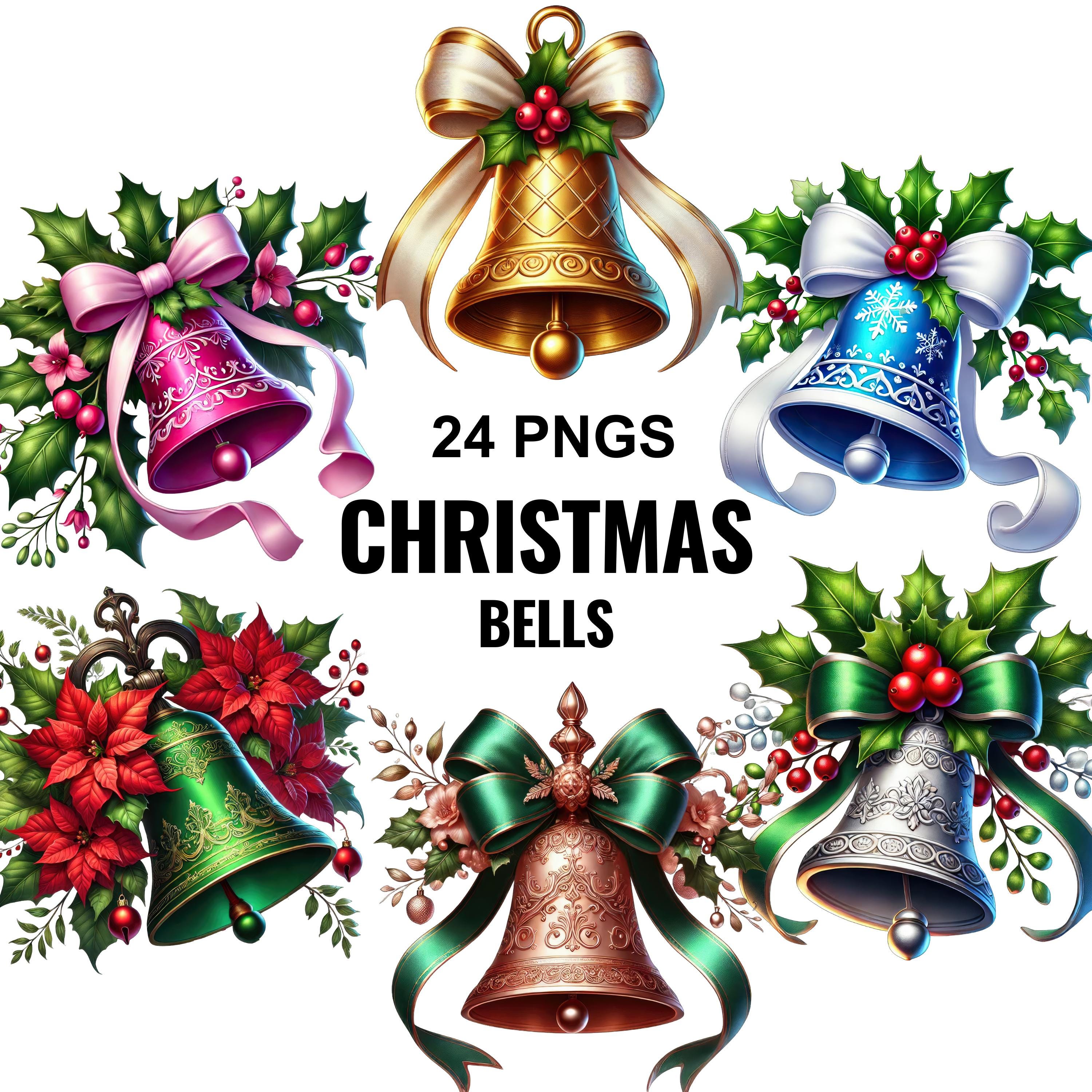 Christmas Bells Clipart, Red Gold Holiday Bell Illustrations, Festive ...