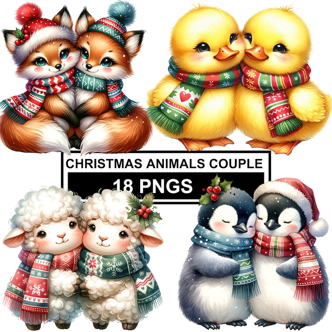 Watercolor Christmas Animal Couple Clipart: 18 Pngs (digital Download ...