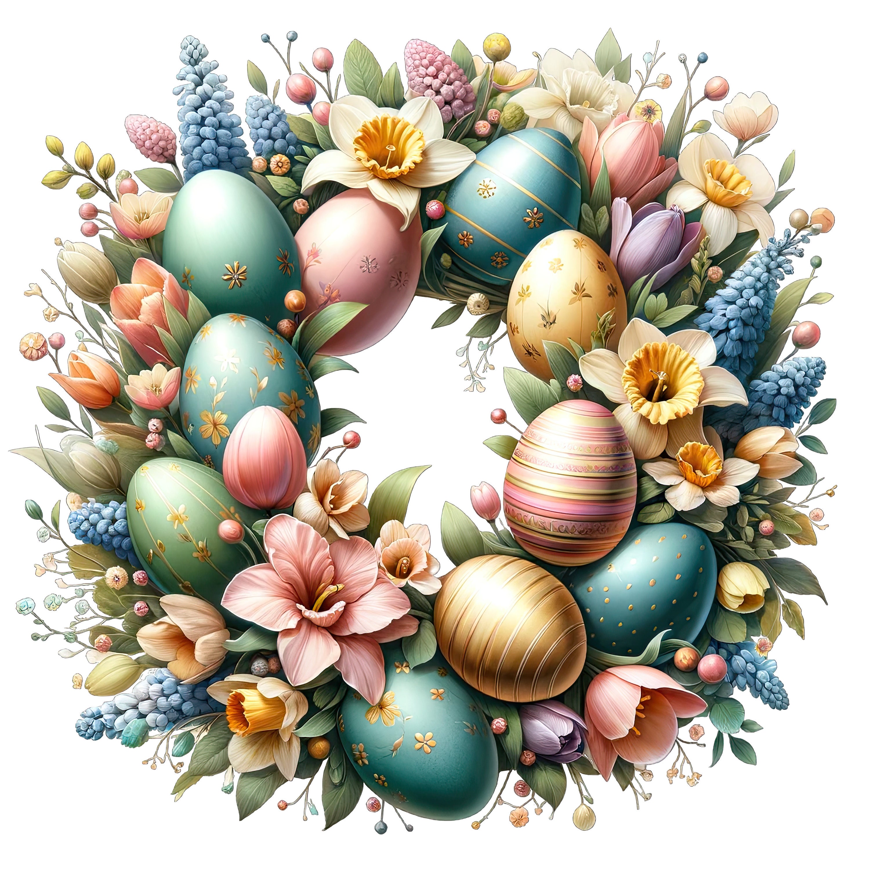Watercolor Easter Wreath Clipart: Floral Egg Wreath Pngs (digital ...
