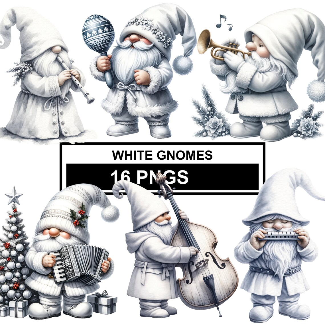 Watercolor Christmas White Gnome Clipart, White Gnome Clipart, White ...