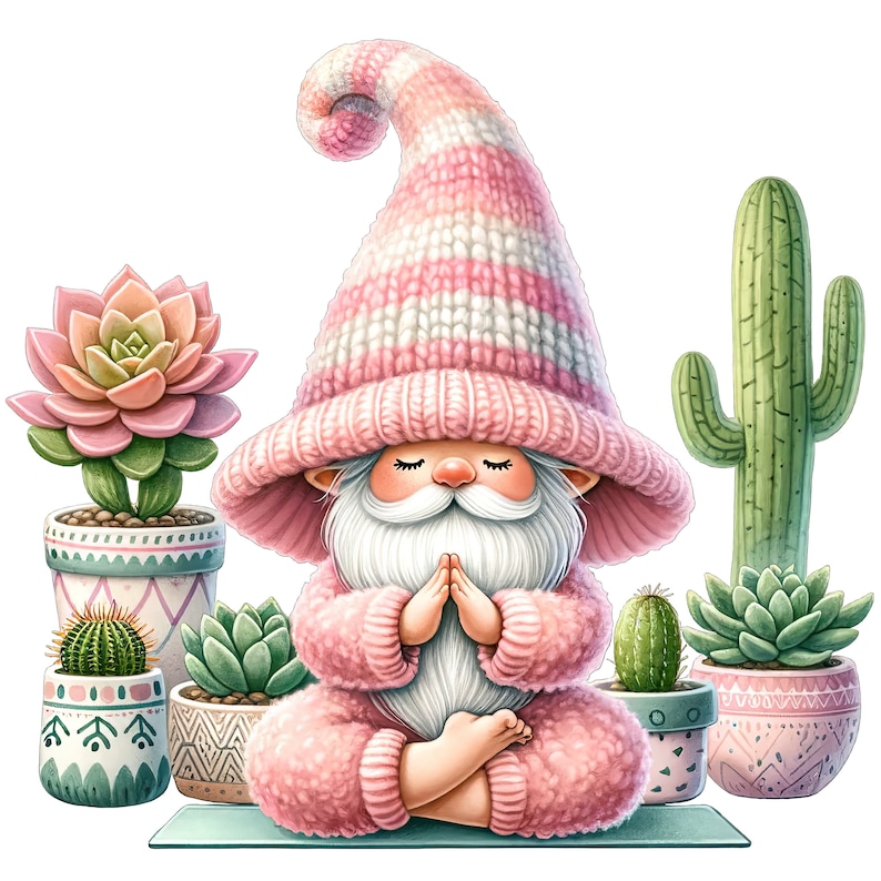 Watercolor Cactus Gnome Clipart, Flowering Cactus Gnome Clipart, Cactus ...
