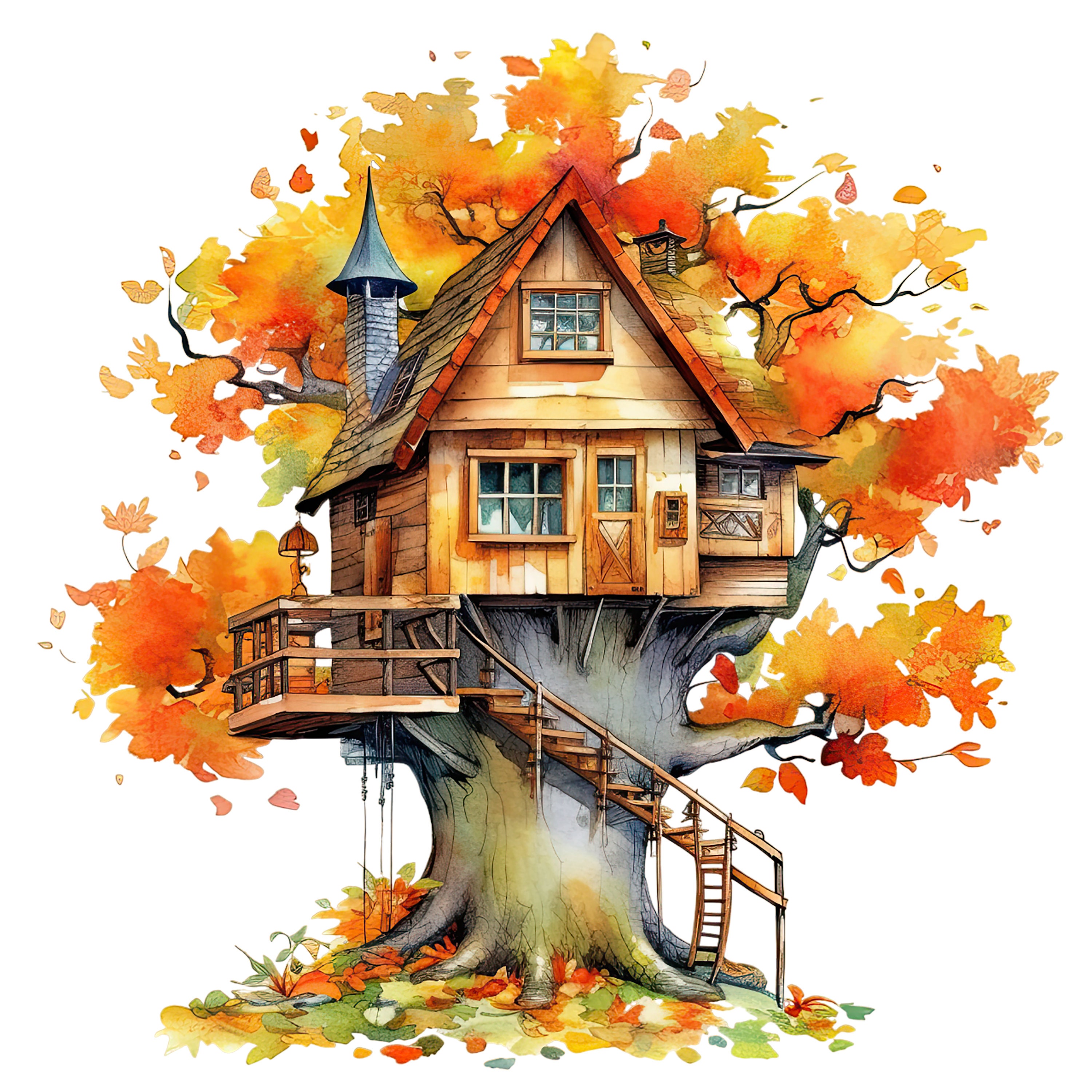 Watercolor Autumn Tree House Clipart: Fall Season PNG Bundle (digital ...
