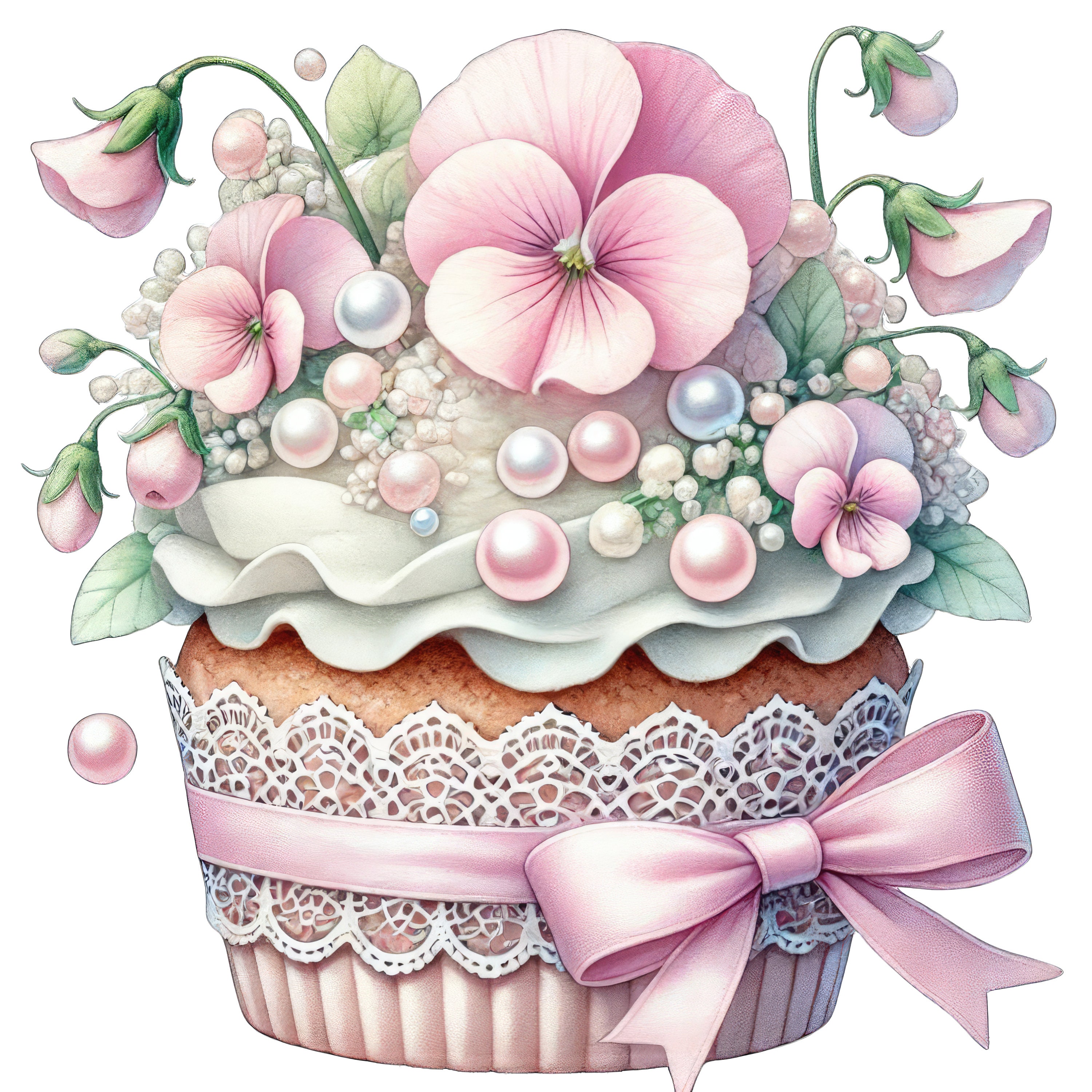 Watercolor Spring Flowers Cupcake Clipart: Floral Dessert Graphics ...
