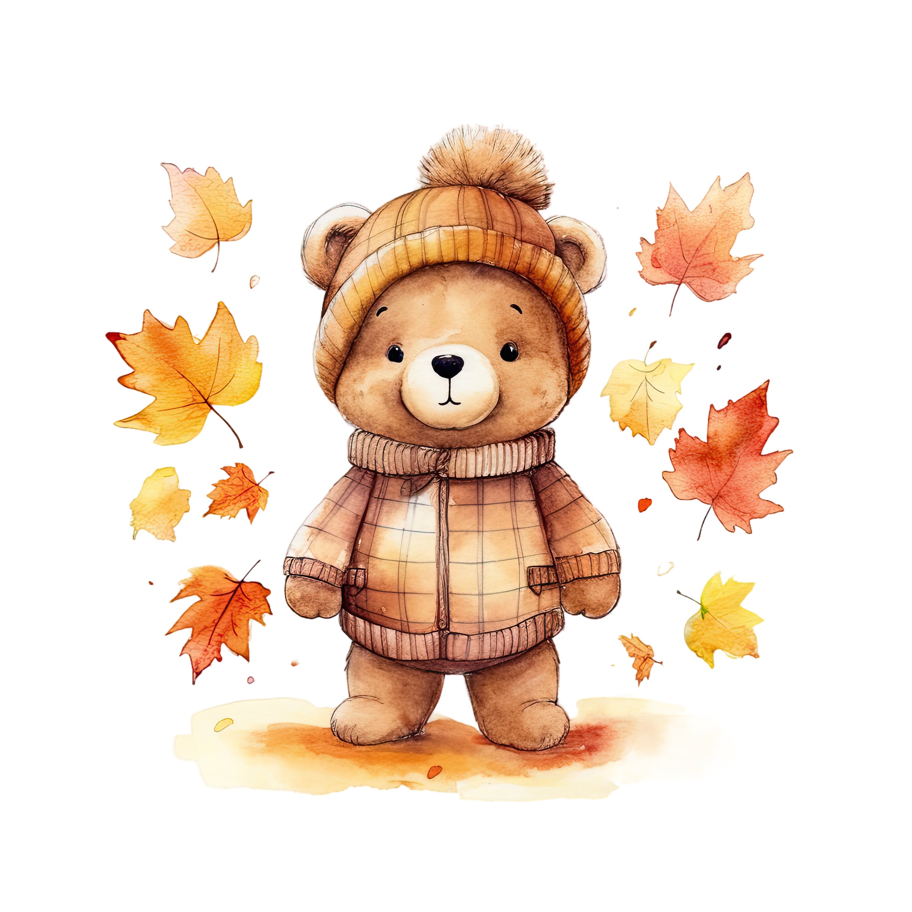 Watercolor Autumn Teddy Bear Clipart, Fall Scenery Clipart, Bear ...