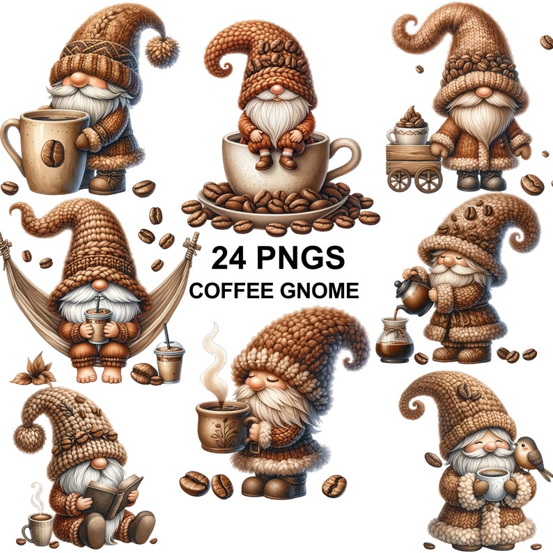 Watercolor Coffee Gnome Clipart, Coffee Lover Gnome, Coffee Cup Gnome ...