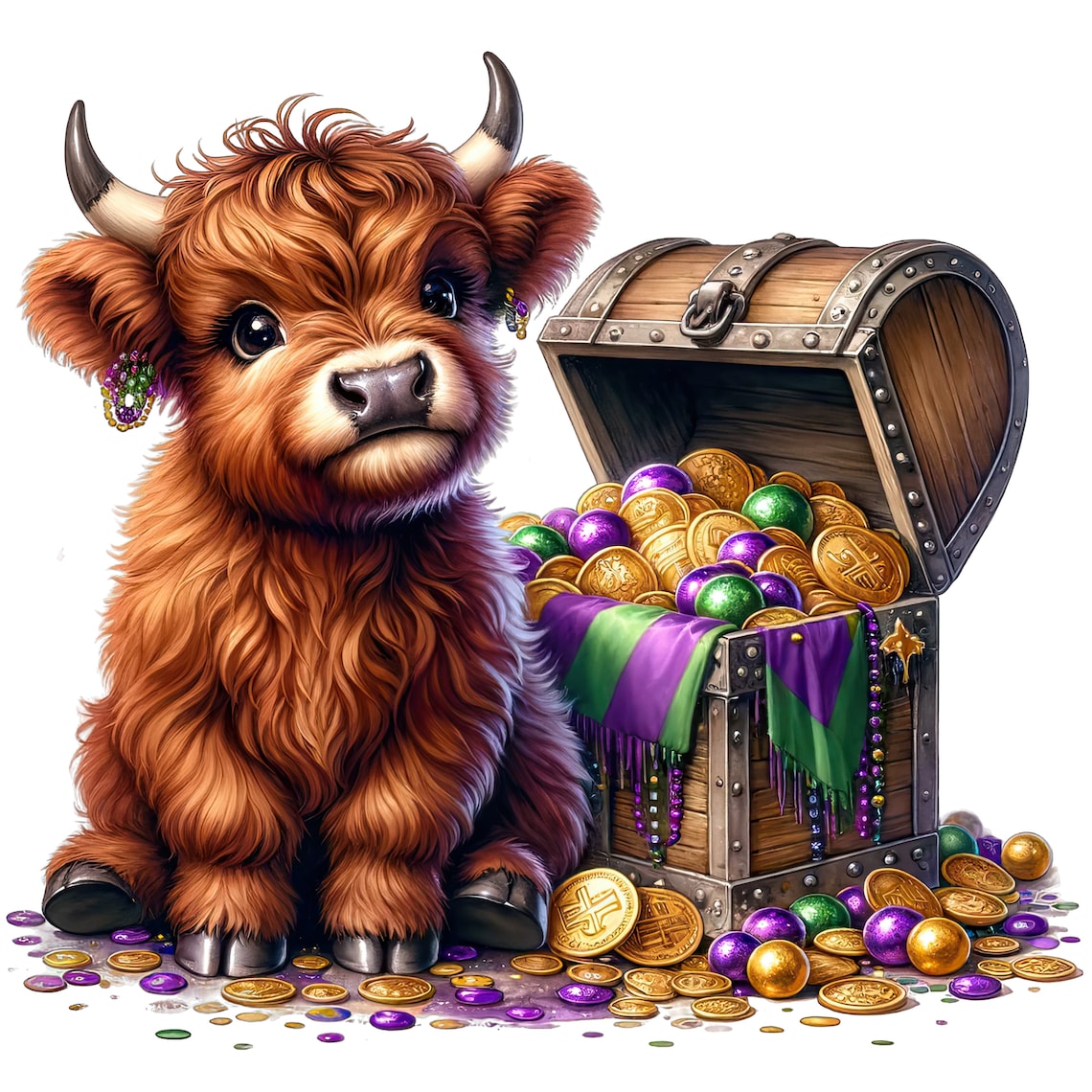 Watercolor Mardi Gras Highland Cow Clipart, Mardi Gras Clipart, Mardi ...