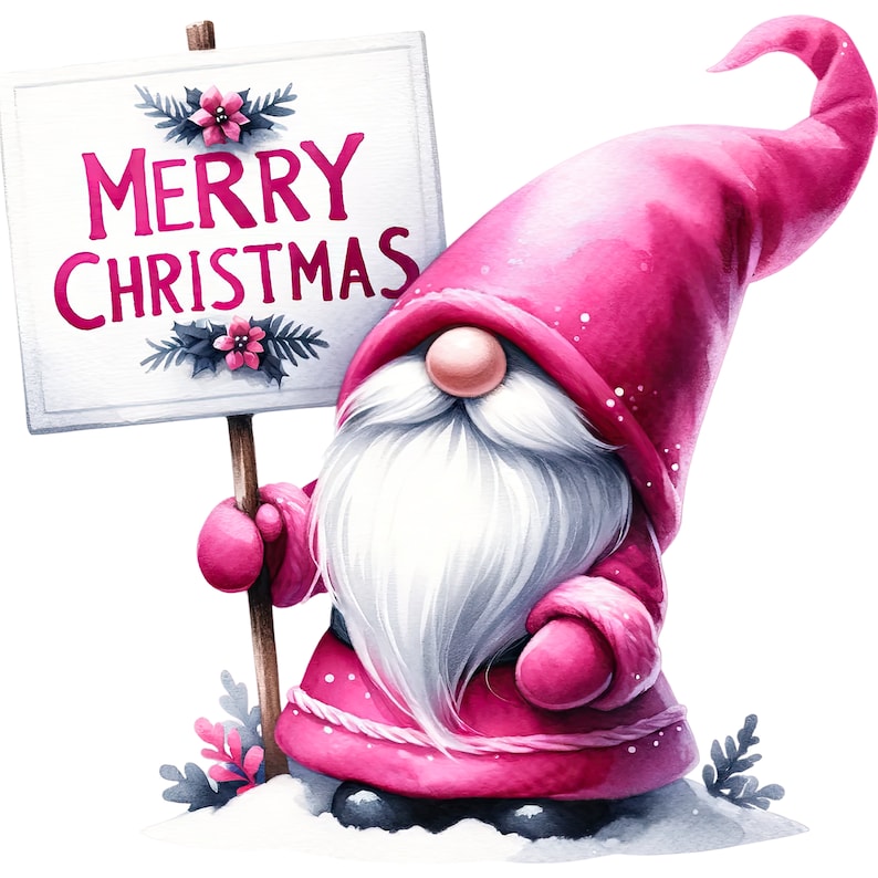 Watercolor Pink Christmas Gnomes Clipart, 17 High Quality PNG Files ...