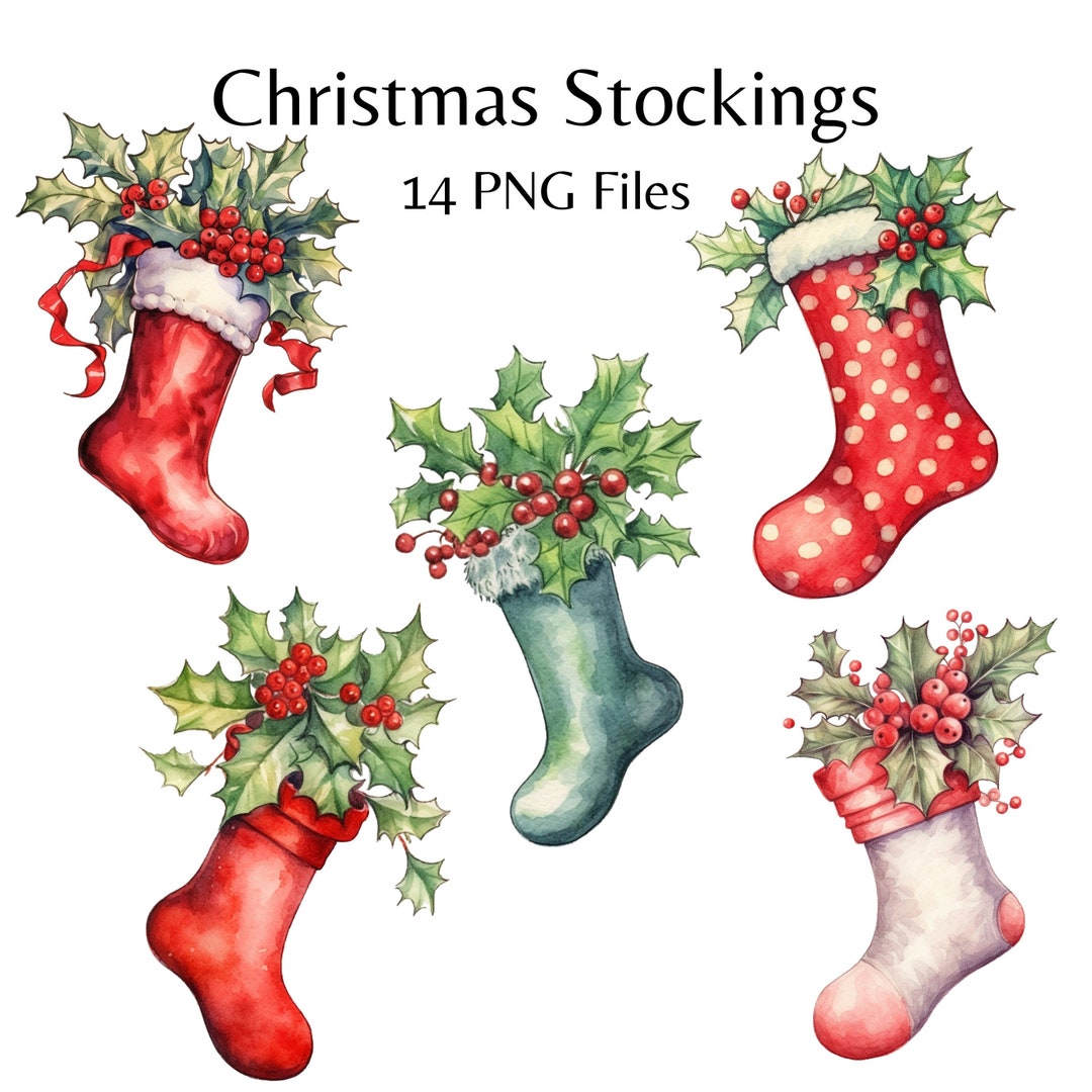Watercolor Christmas Stocking Clipart: Holiday PNG Images (digital ...