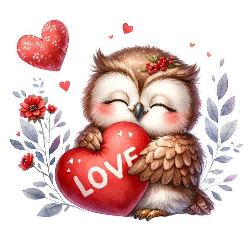 Watercolor Cute Valentines Owl Clipart, Owl Valentine, Romantic Clipart ...