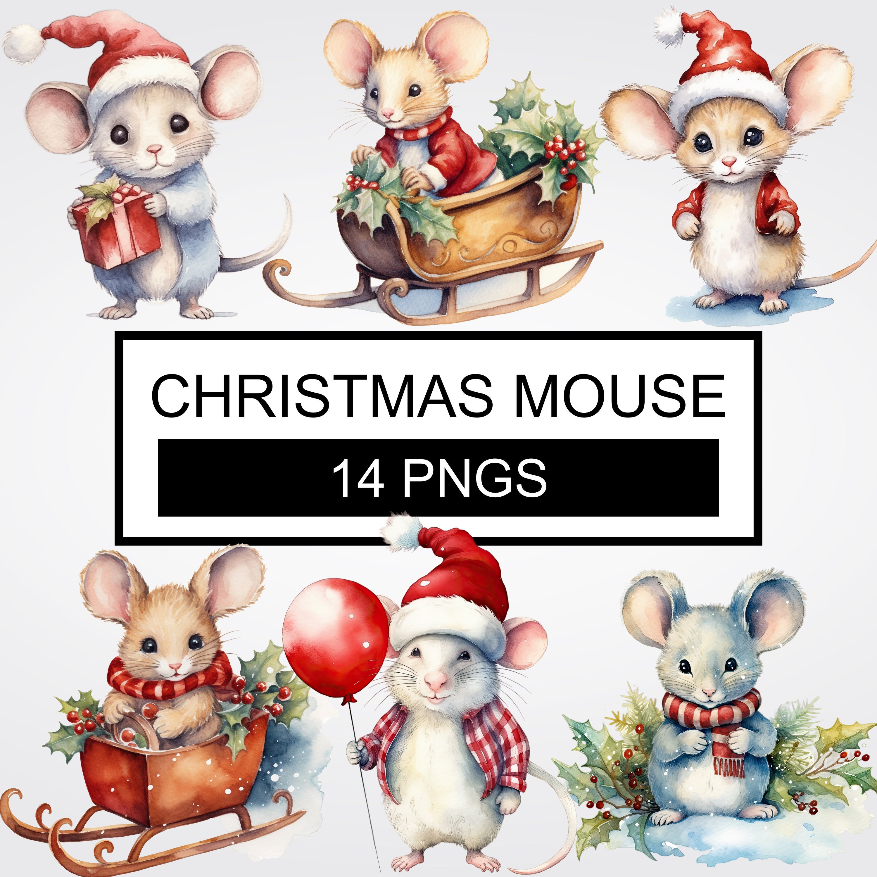 Watercolor Christmas Mouse Clipart: Holiday PNG Images (digital ...