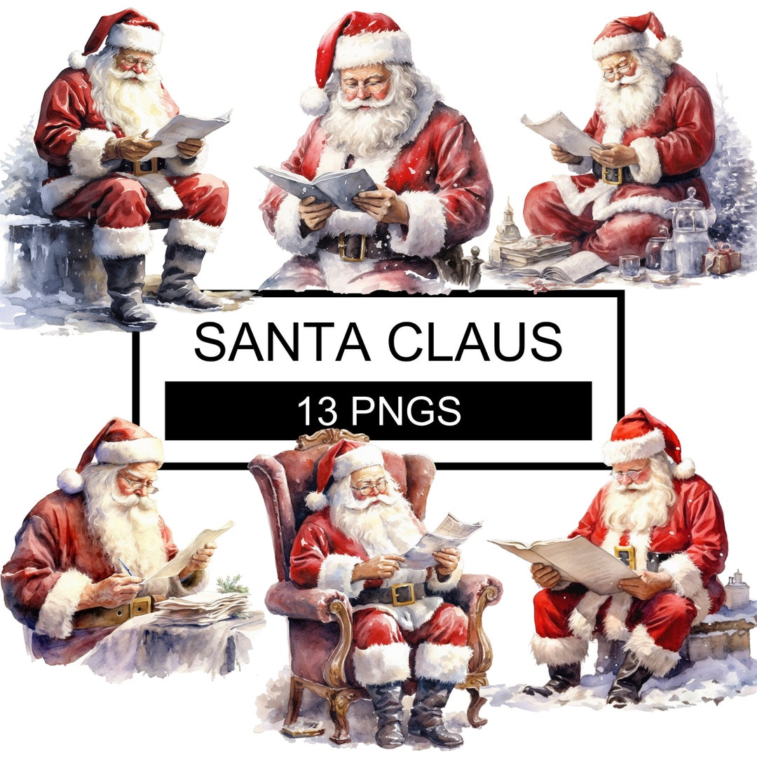 Watercolour Santa Clipart, Santa Reading Letters, Santa Clipart ...