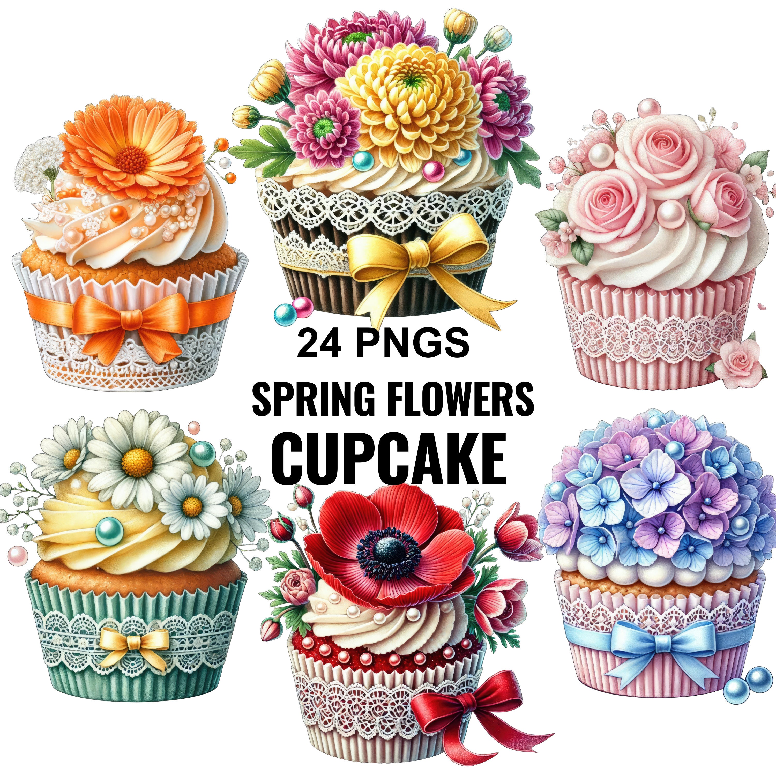 Watercolor Spring Flowers Cupcake Clipart: Floral Dessert Graphics ...