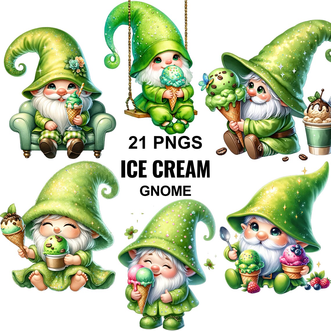 Ice Cream Gnome Clipart, Watercolor Ice Cream, Cute Gnome Clipart, Ice ...