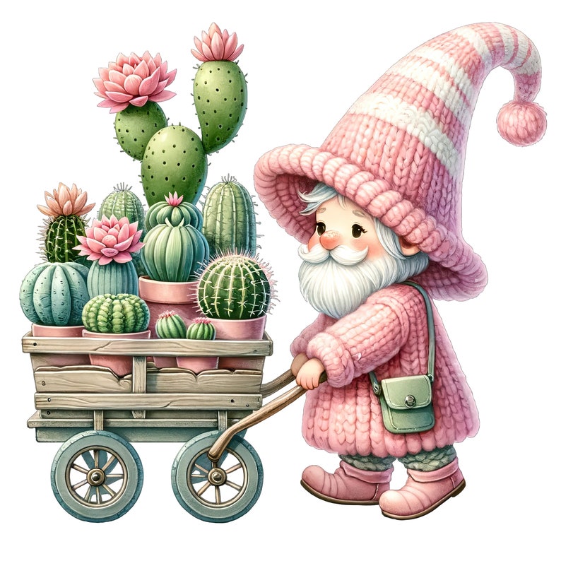 Watercolor Cactus Gnome Clipart, Flowering Cactus Gnome Clipart, Cactus ...