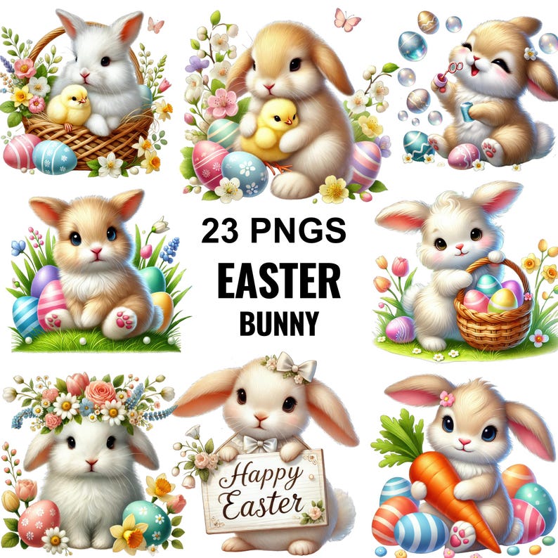 Easter Bunny & Chick Clipart: Floral Spring PNG (digital Download) - Etsy