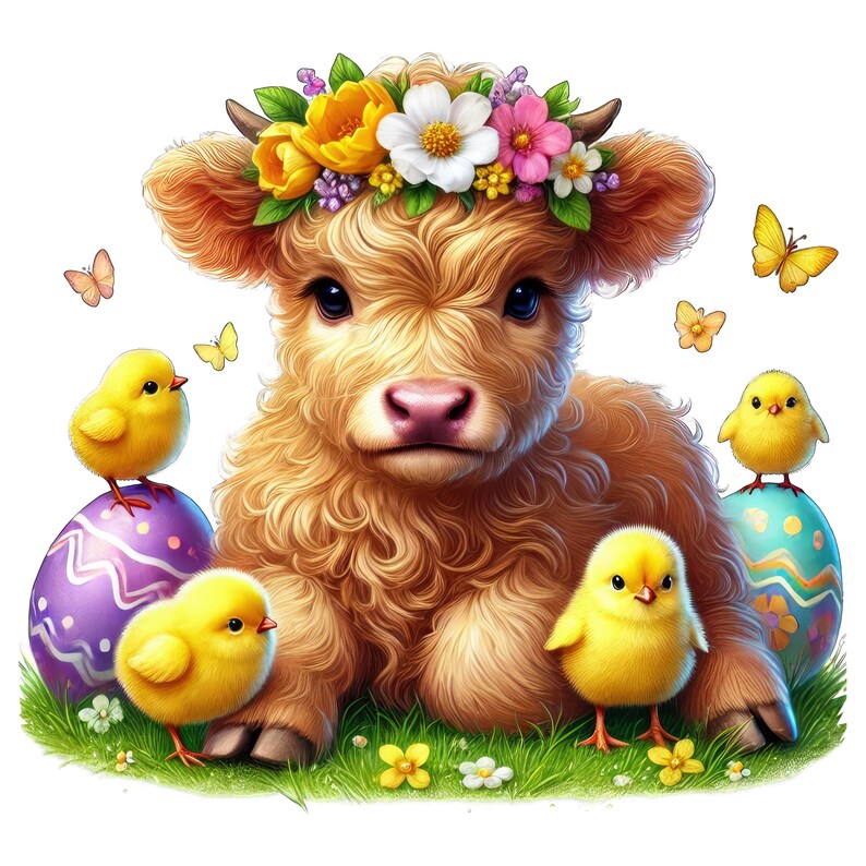 Easter Highland Cow Clipart: Floral Spring Design (PNG) - Etsy