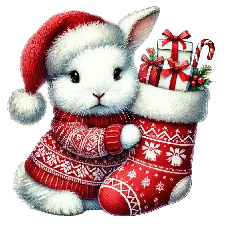 Christmas Rabbit Clipart Bundle, Cute Bunny Pngs With Santa Hat ...