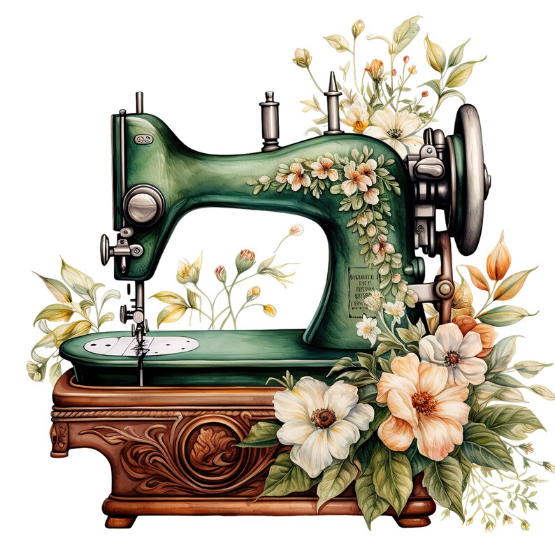 Watercolor Floral Sewing Machine Clipart: PNG Bundle (digital Download ...