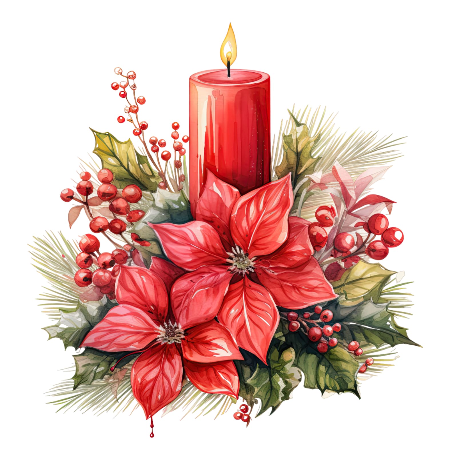 Watercolor Christmas Candle Clipart: Festive Poinsettia PNG (digital ...