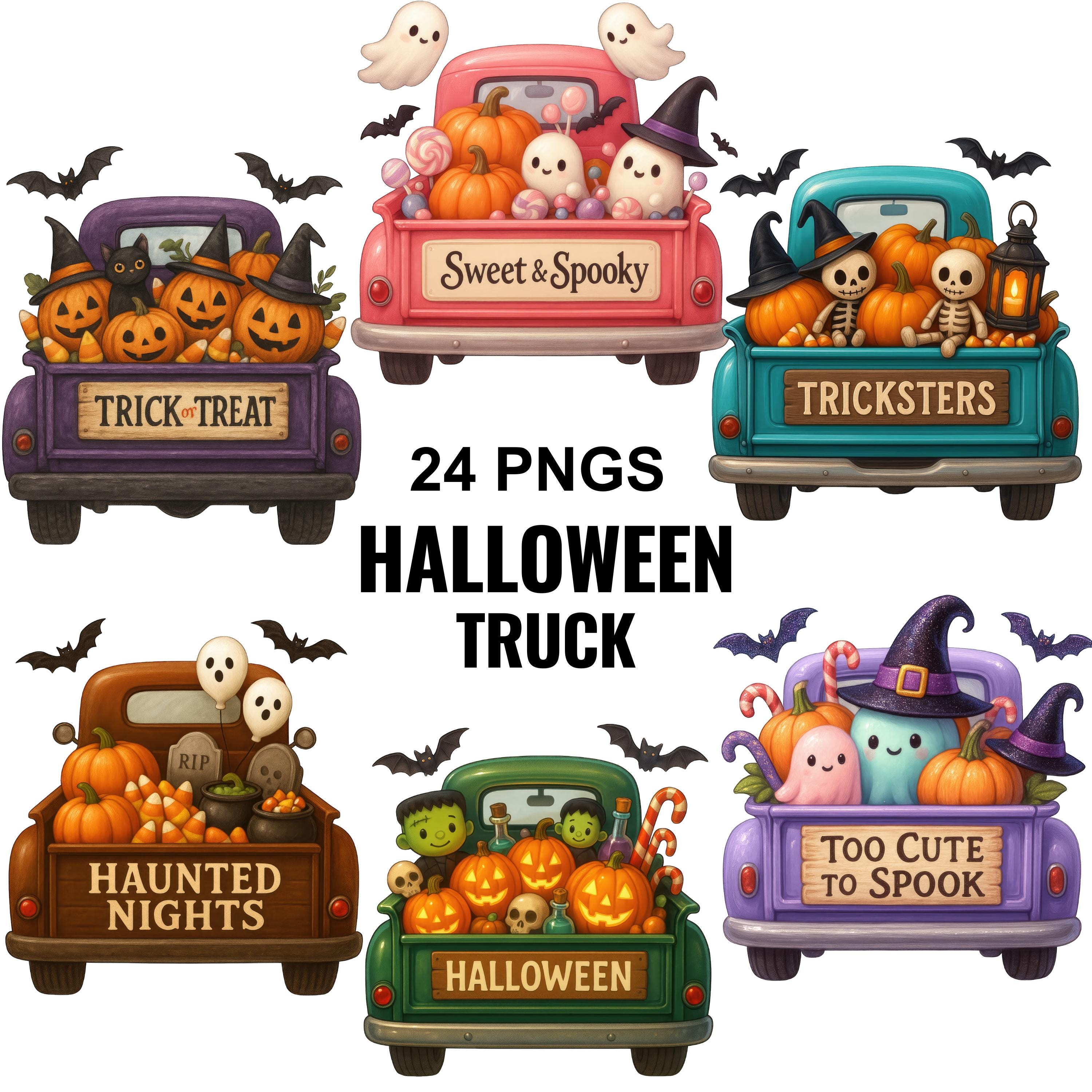 Halloween Truck Clipart PNG Bundle, Vintage Spooky Vibes Pumpkin Trucks ...
