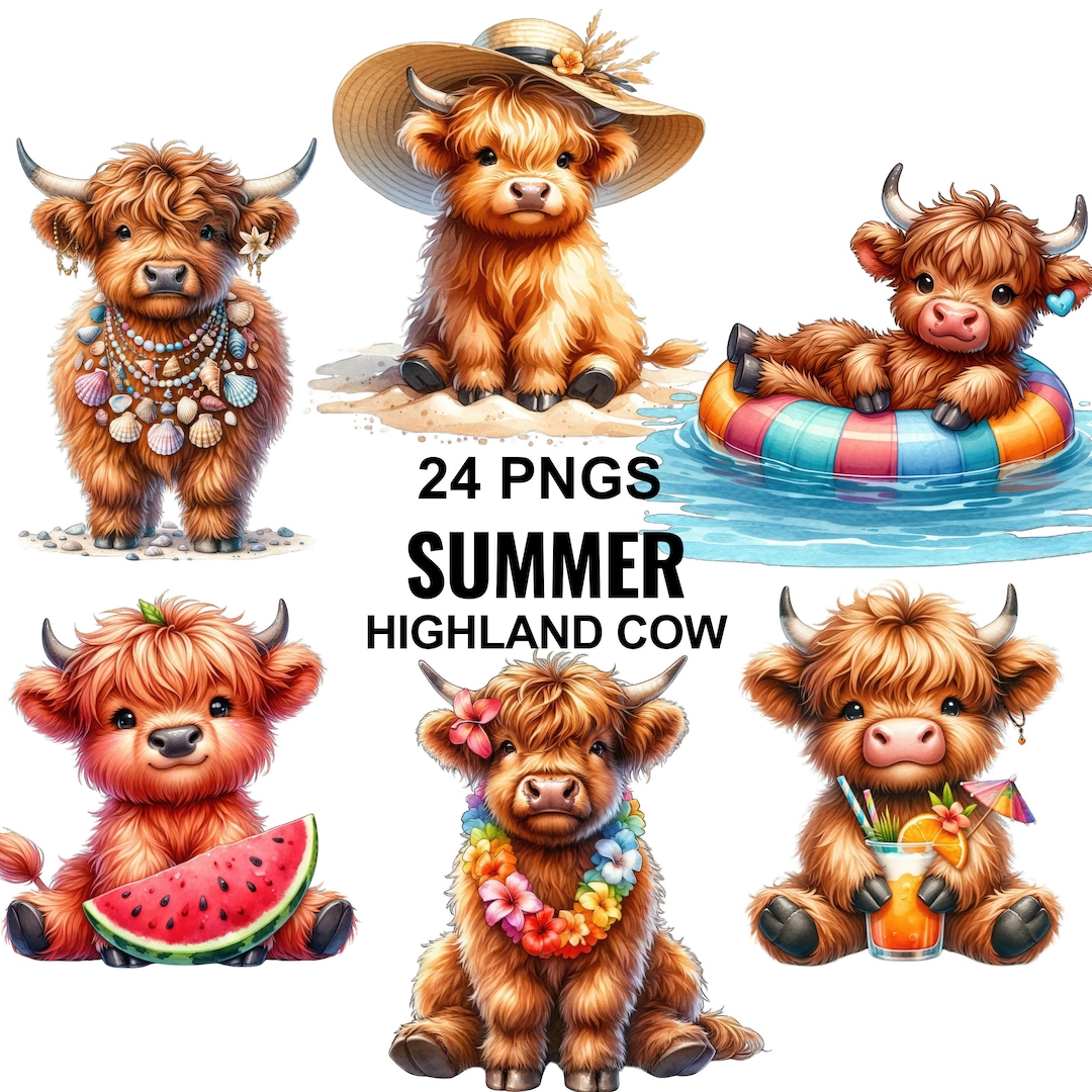 Summer Highland Cow Clipart: Beach Theme PNG Bundle (digital Download ...