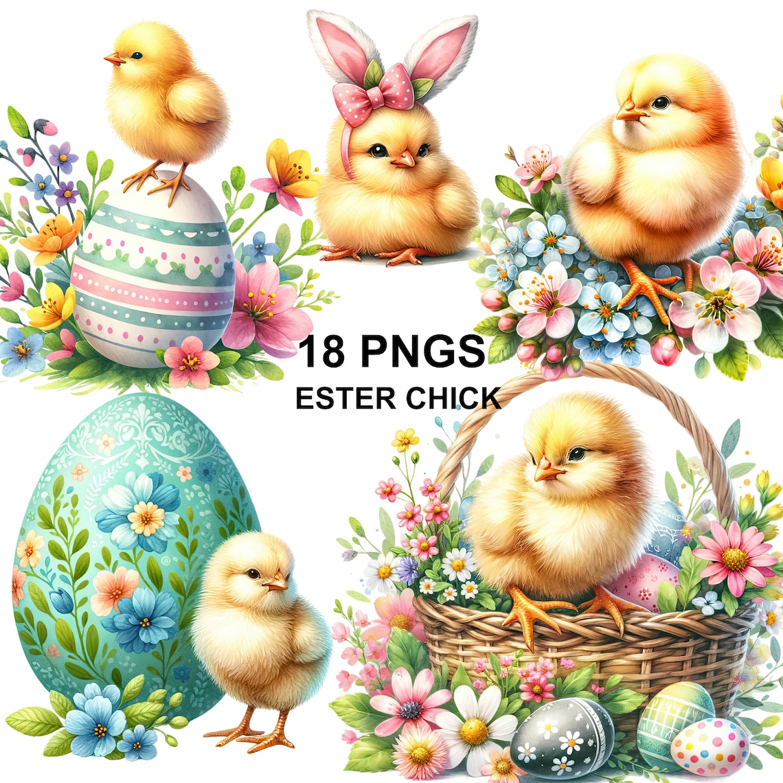 Watercolor Easter Chick Clipart, Cute Easter Chick, Chick With Flowers ...
