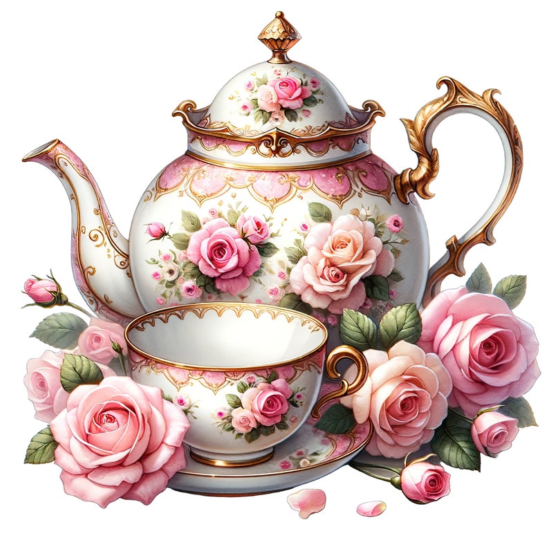 Vintage Pink Rose Teacup Clipart: Tea Party PNG Set (digital Download ...