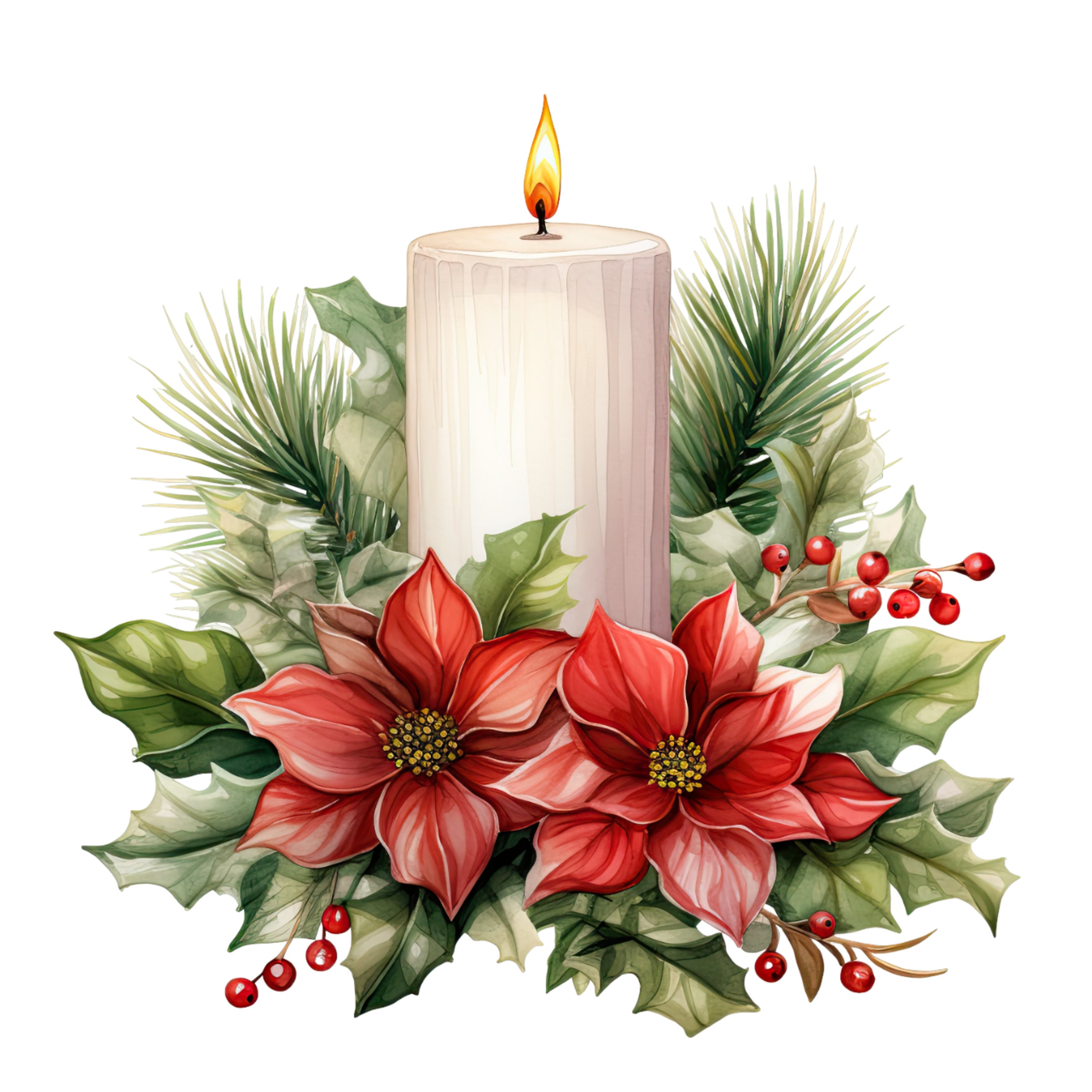 Watercolor Christmas Candle Clipart: Festive Poinsettia PNG (digital ...