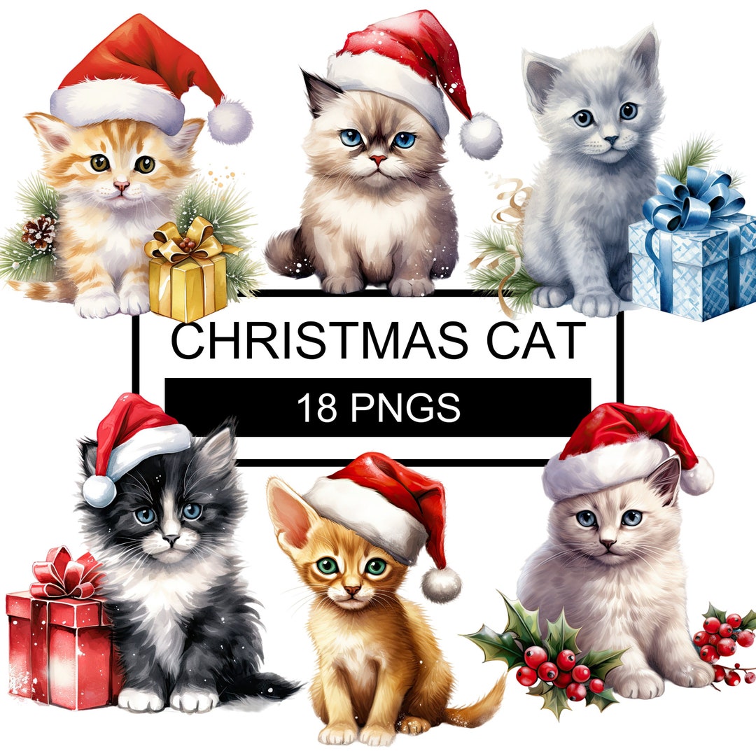 Watercolor Christmas Cats Clipart, Christmas Cat Clipart, Christmas Cat ...