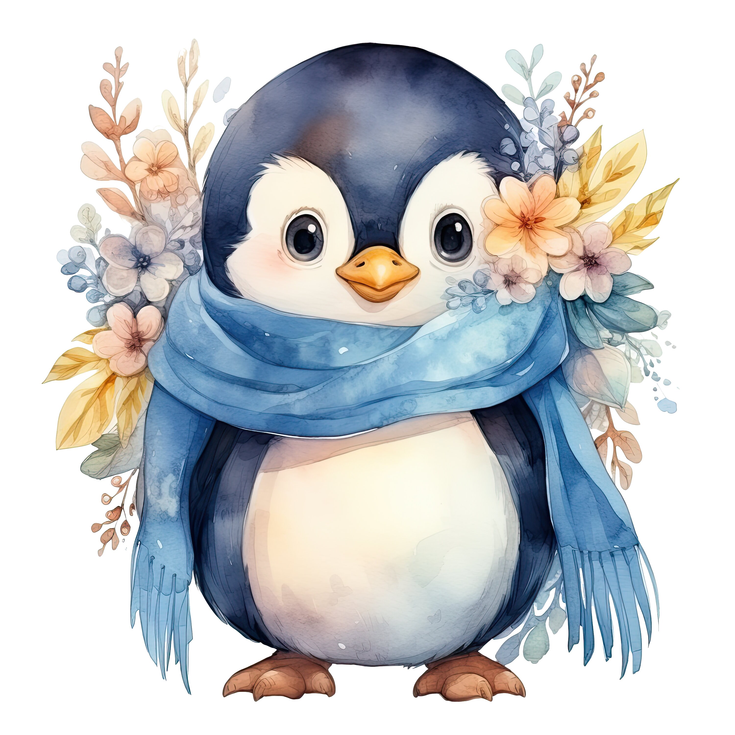 Watercolor Cute Christmas Penguin Clipart, Blue Penguin Clipart ...