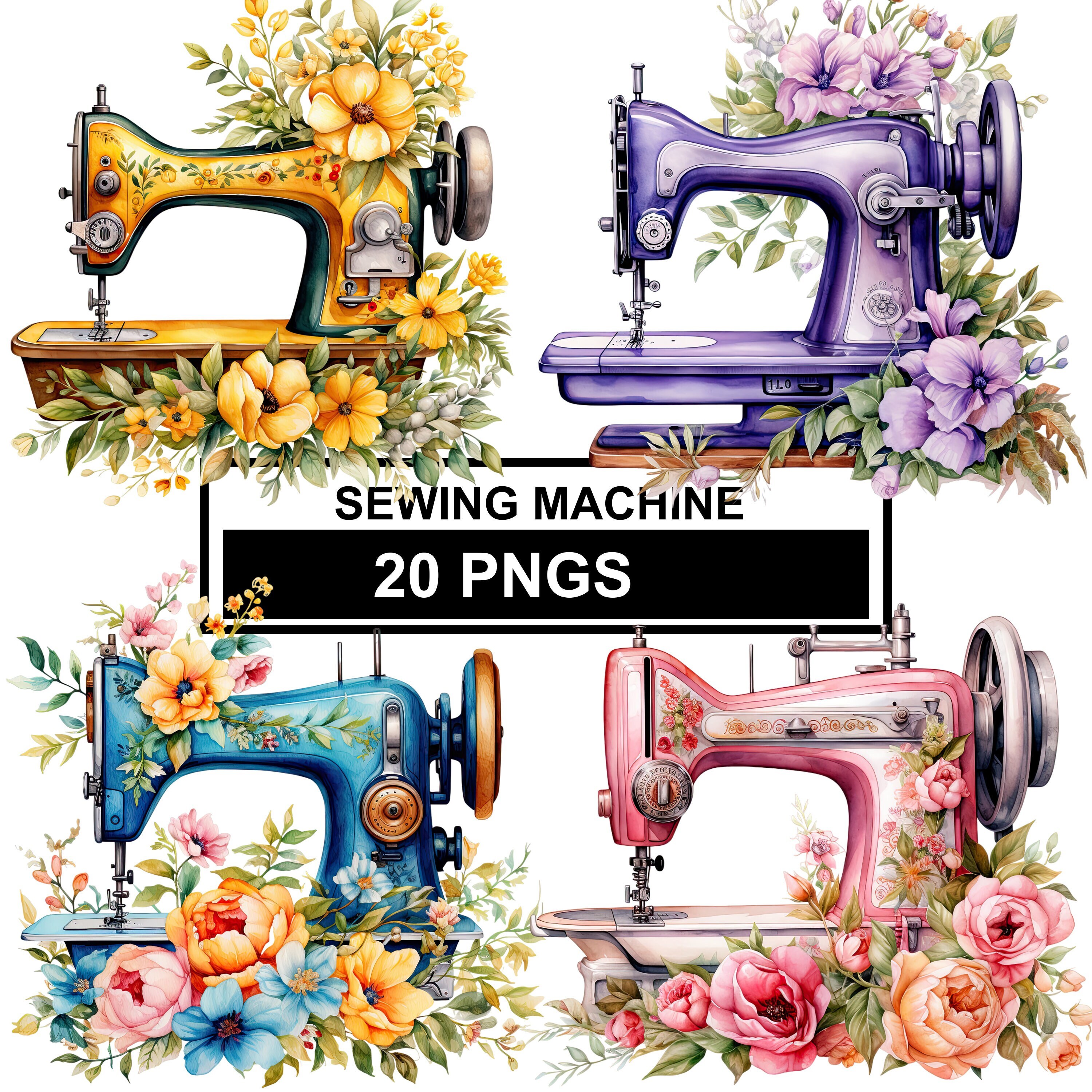 Watercolor Floral Sewing Machine Clipart: PNG Bundle (digital Download ...