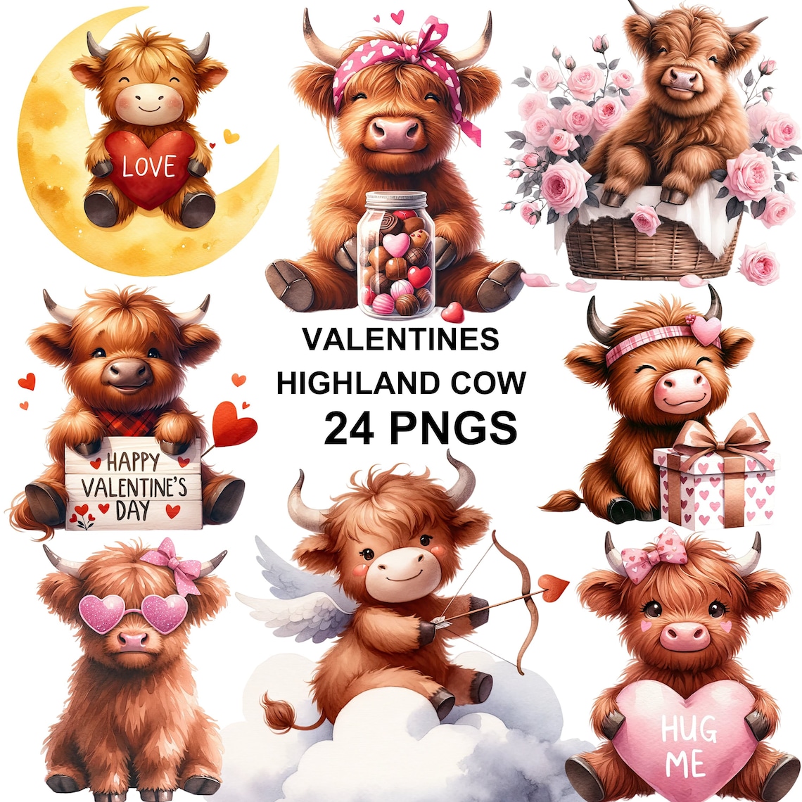 Watercolor Valentines Highland Cow Clipart, Highland Cow Png,highland ...
