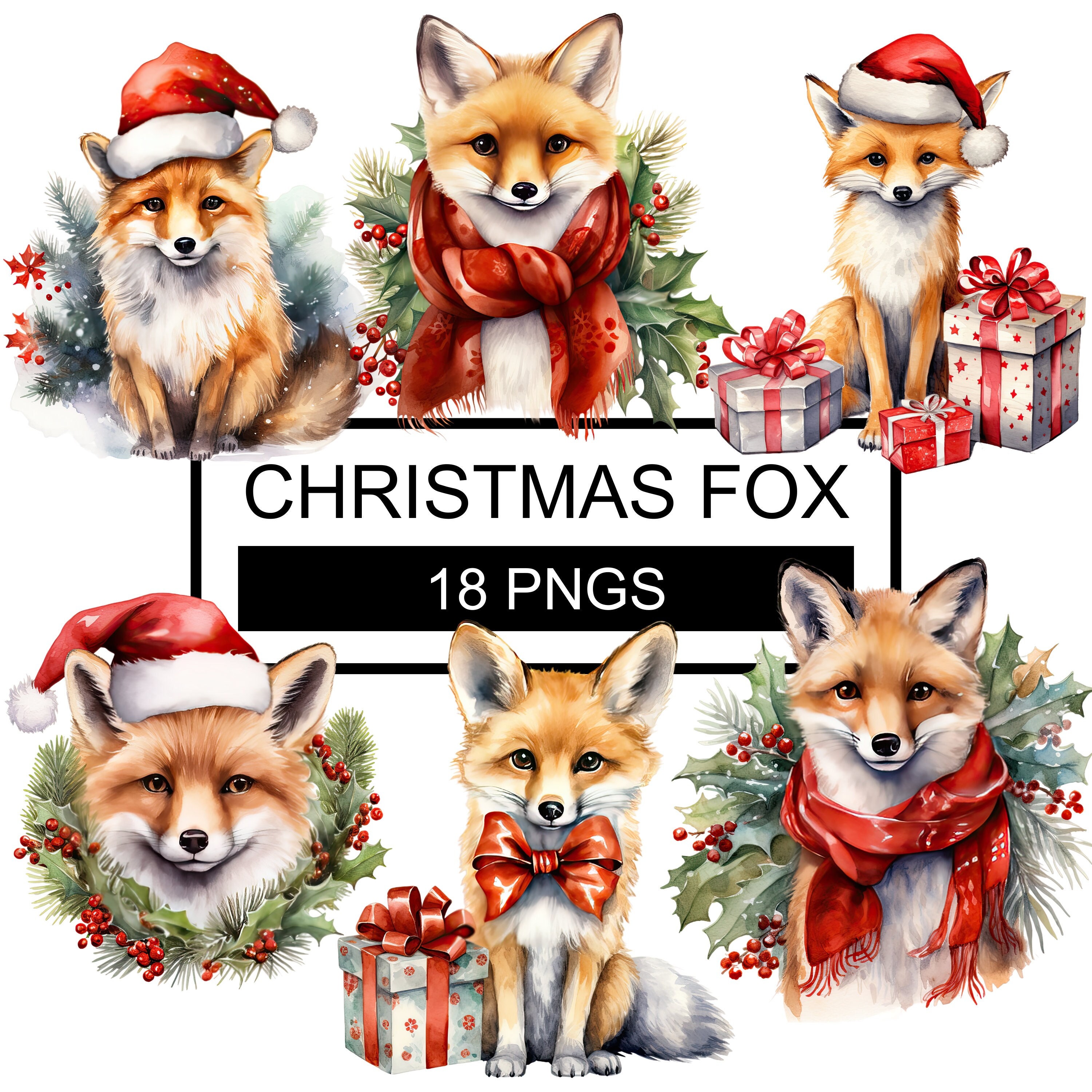 Watercolour Christmas Fox Clipart, Christmas Fox, Cute Animals, Winter ...